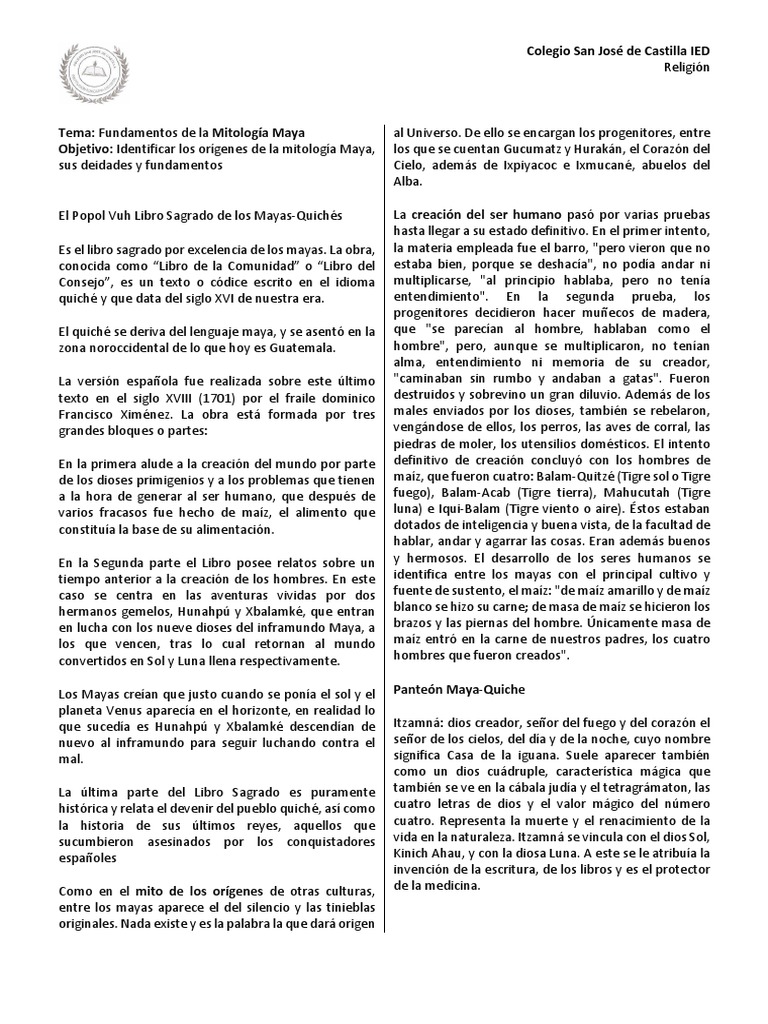 Guia Aprendizaje Panteon Maya | PDF | Civilización maya | Mitos de la ...