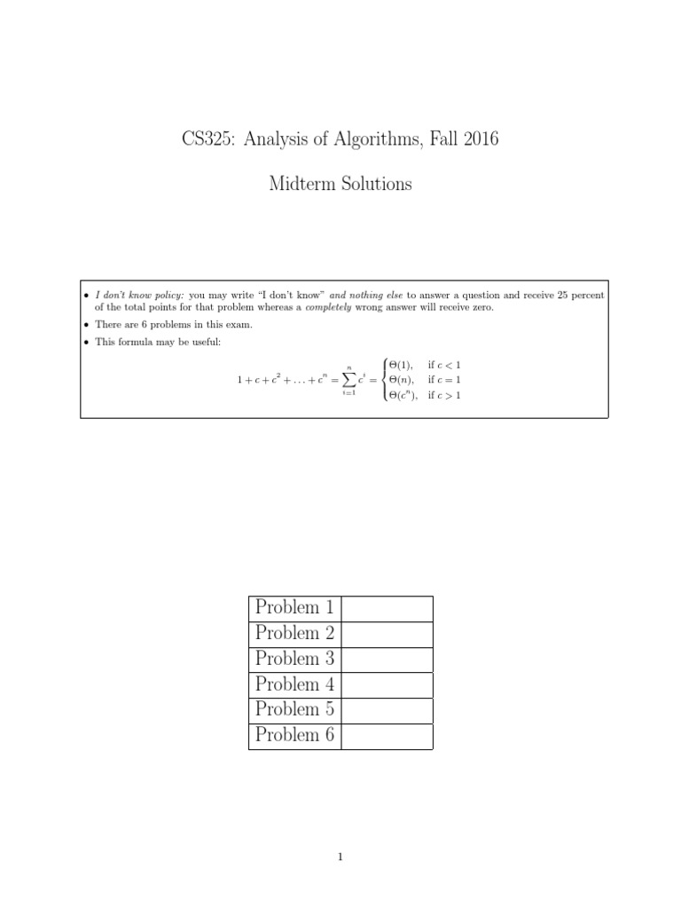 CS325: Analysis of Algorithms, Fall 2016 Midterm Solutions: 2 N N I N | PDF | Time Complexity ...