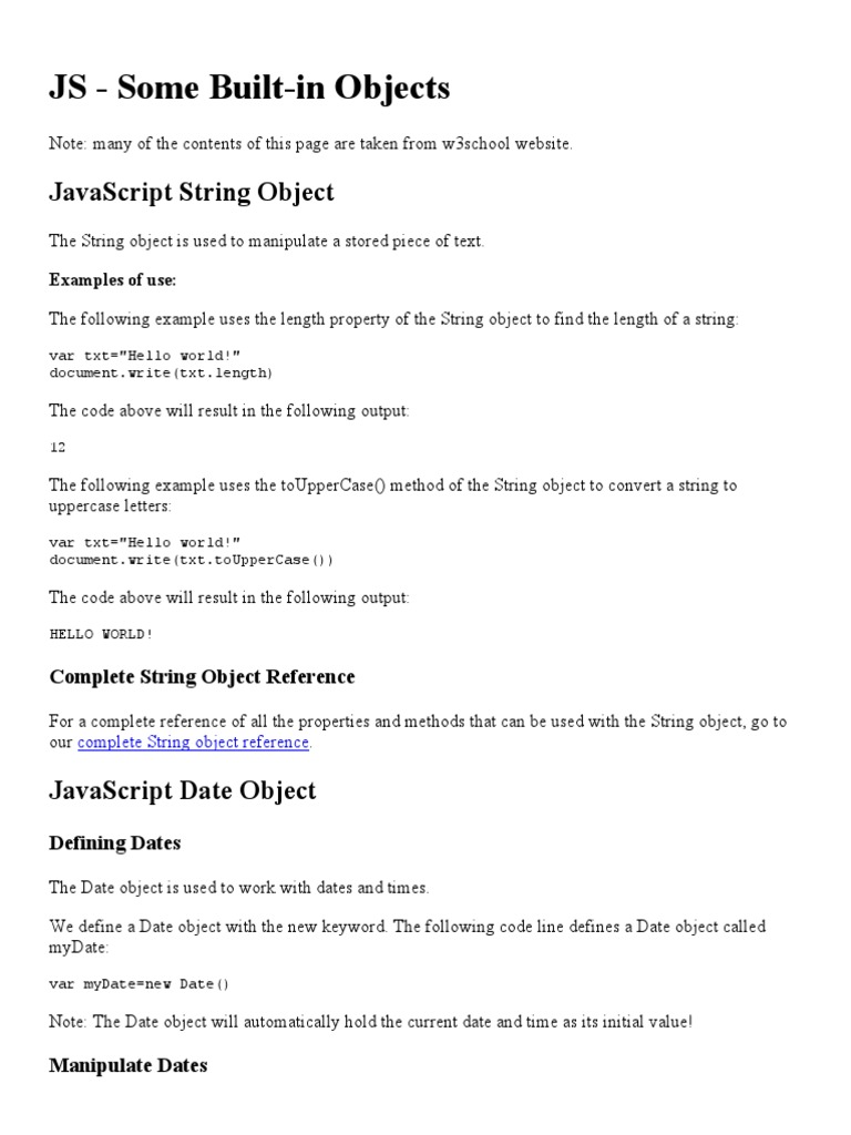 Javascript - Some Built-In Objects | PDF | Html | Boolean Data Type