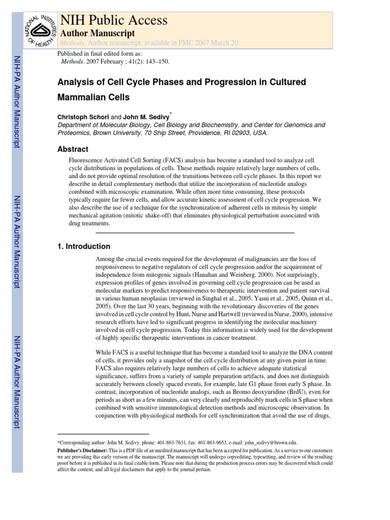 Analysis of Cell Cycle Phases and Progression in Cultured | PDF | Cell ...