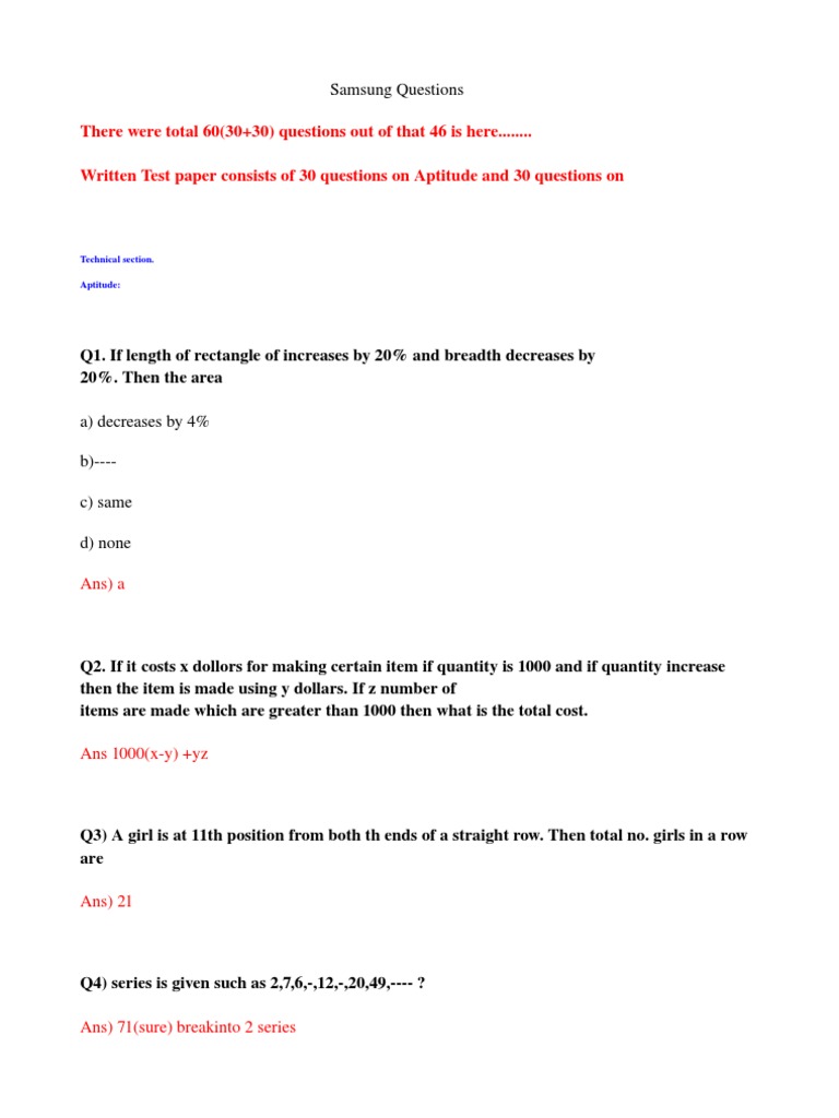 Samsung Aptitude and Technical Test Questions | PDF | Digital ...