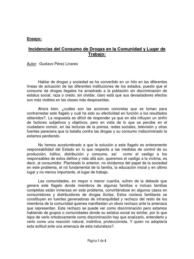 Ensayo Consumo de Drogas en La Comunidad y El Trabajo | PDF | La dependencia de sustancias ...