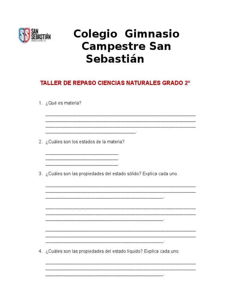 Taller de Repaso Ciencias Naturales Grado 2º | PDF | Universo físico ...