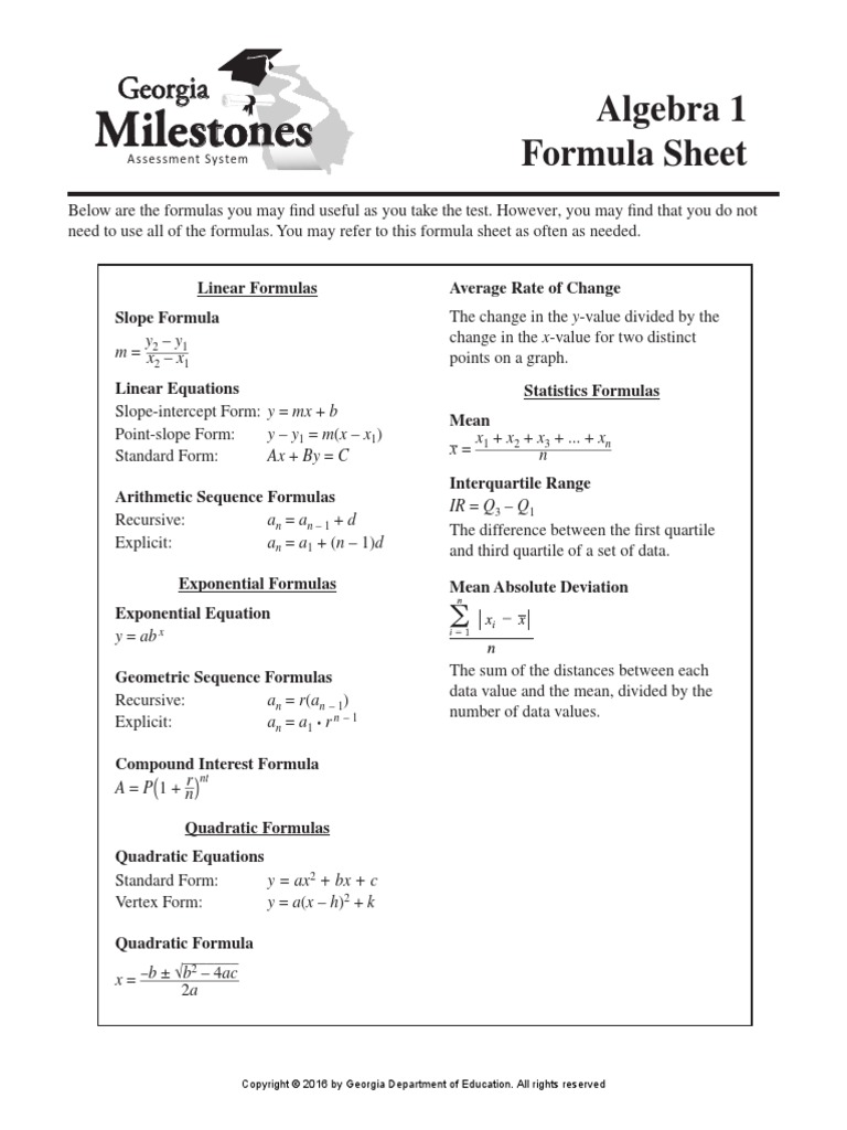 Algebra 1 Formula Sheet