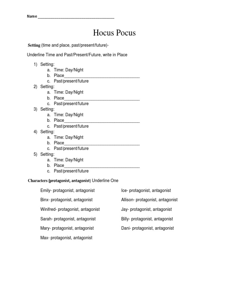 Hocus Pocus Worksheet | PDF | Plot (Narrative) | Entertainment