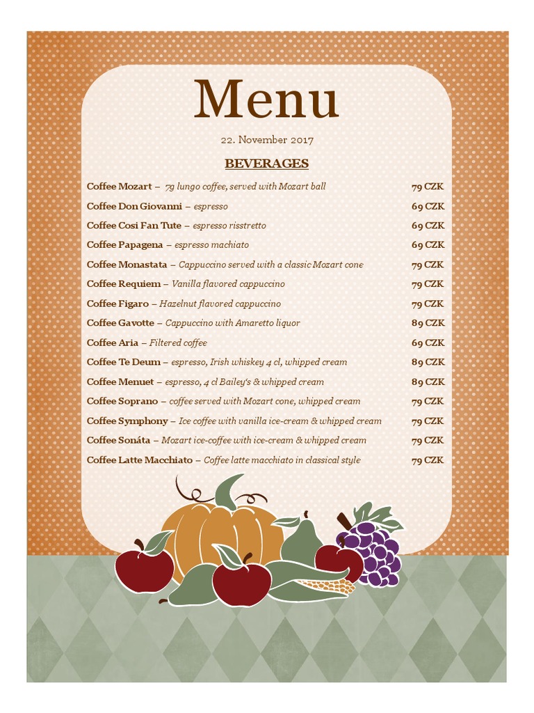 Coffee and Beverages Menu Options | PDF | Cooking, Food & Wine | Wellness
