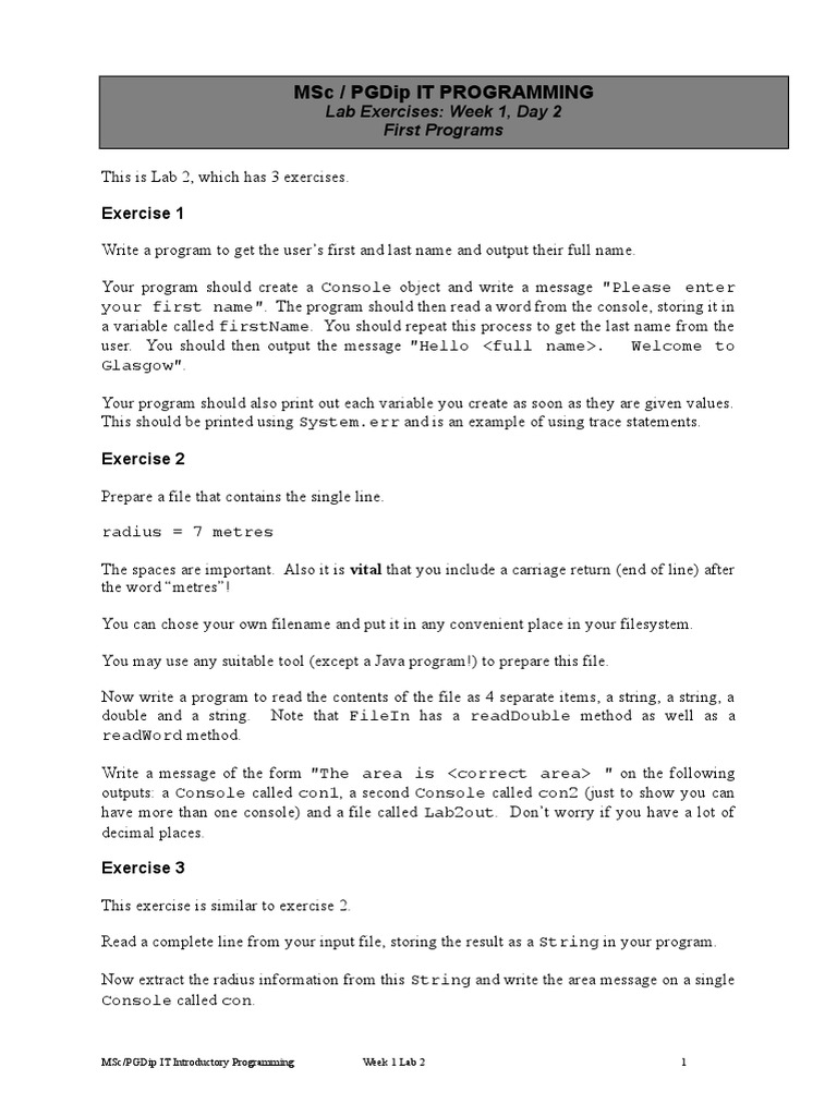 MSC / Pgdip It Programming: Exercise 1 | PDF | Computers