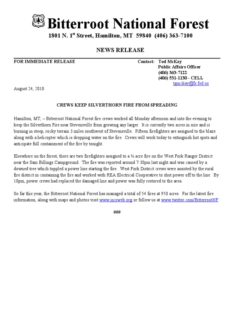 Silverthorn Fire Update - Bitterroot NF | PDF