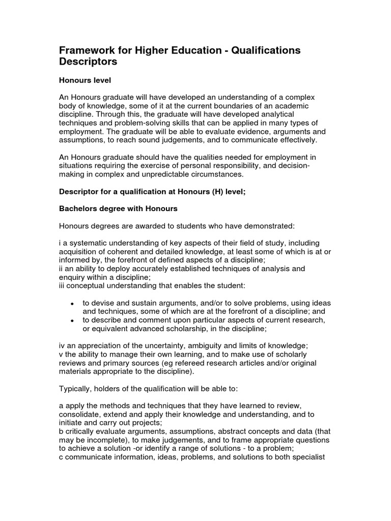 Framework For Higher Education - Qualifications Descriptors: Honours ...