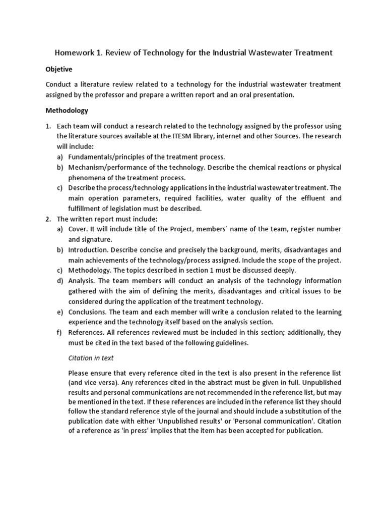 Homework 1. Review of Technology For The Industrial Wastewater ...