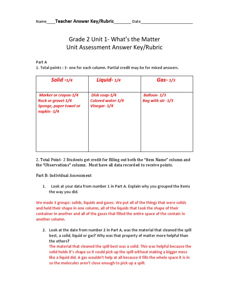 Grade 2 Unit 1-What's The Matter Unit Assessment Answer Key/Rubric ...