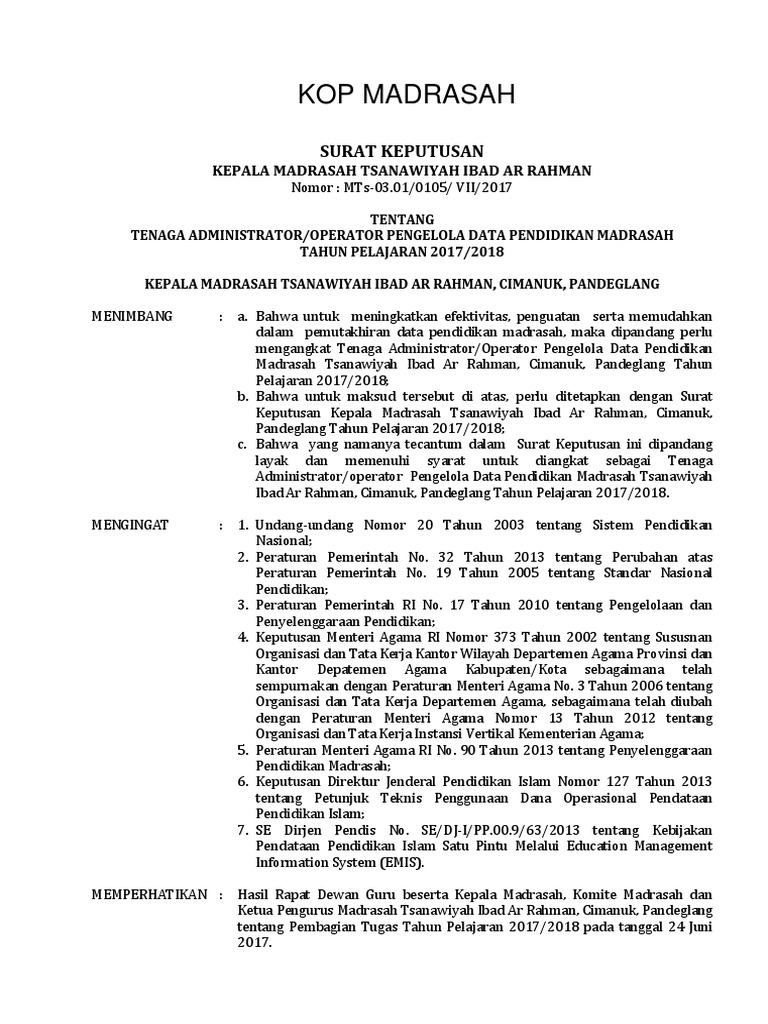 Contoh SK Operator Madrasah | PDF