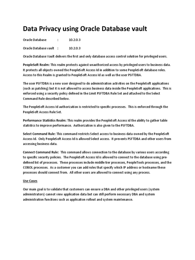Data Privacy Using Oracle Database Vault | Download Free PDF | Databases | Health Insurance ...