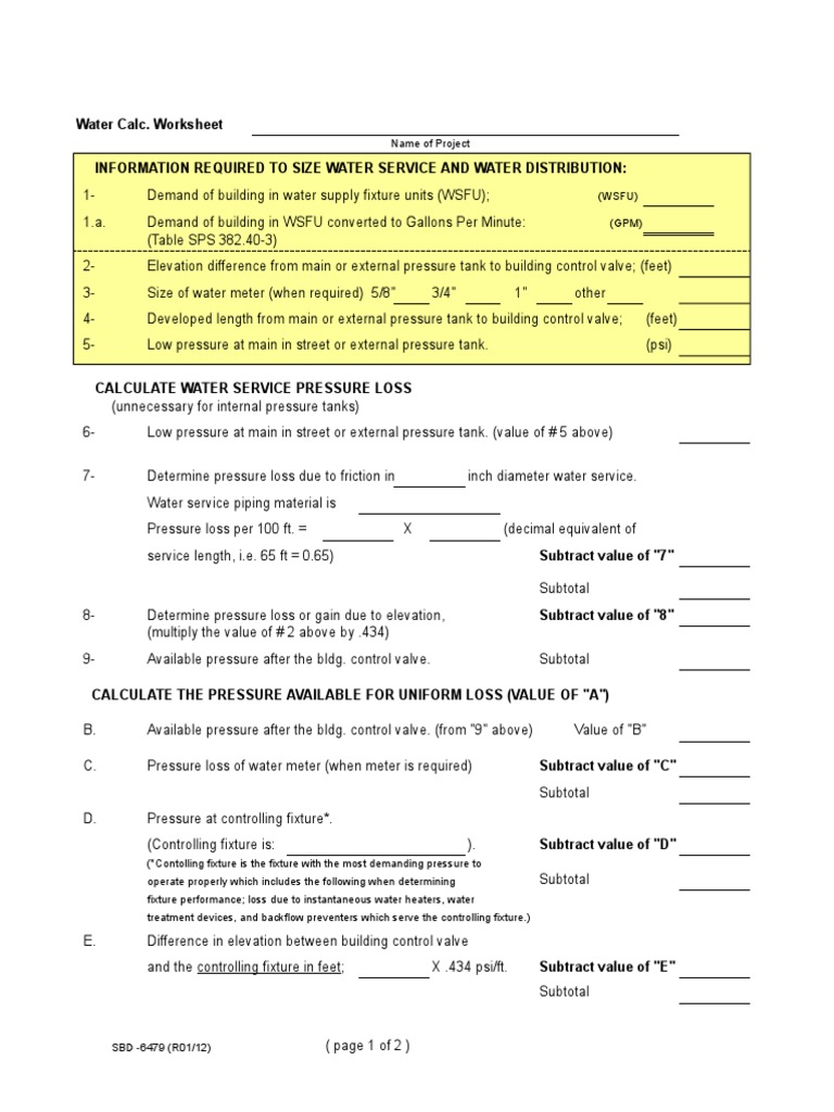 SBD 6479 WaterCalcWorksheet 01 12 | PDF | Water Heating | Hydraulics
