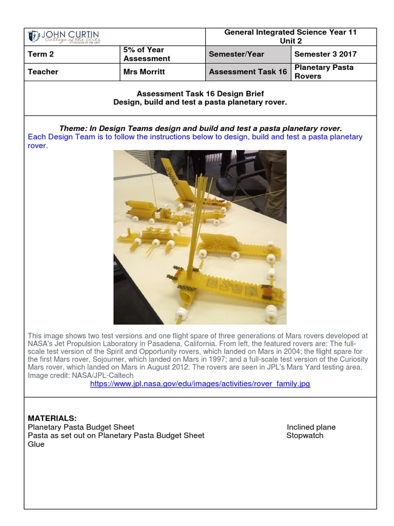 Task 16 Planetarty Pasta Rover Build and Test | PDF | Jet Propulsion ...