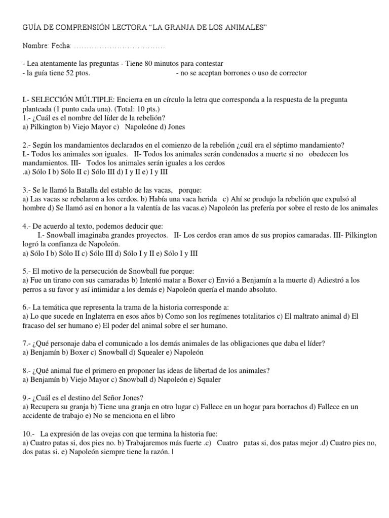 Guía de Comprensión Lectora La Granja de Los Animales | PDF | Agitación