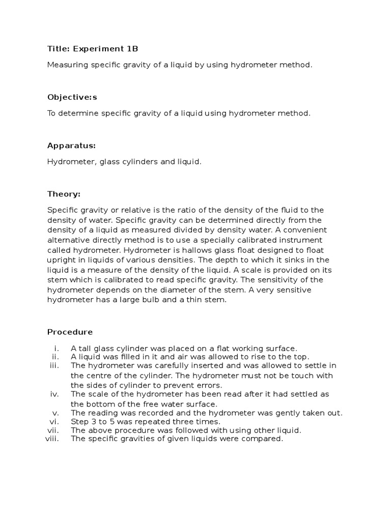 Measuring Specific Gravity with Hydrometer | PDF | Density | Mass