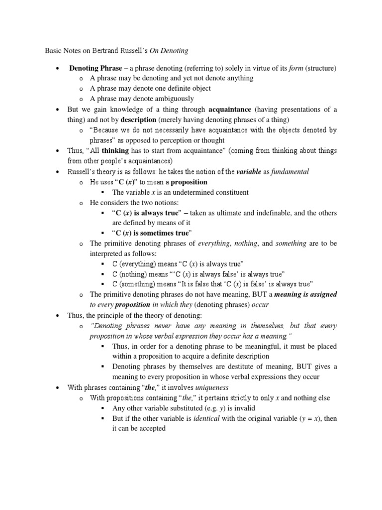 Basic Notes On Bertrand Russell's On Denoting | PDF | Logic | Cognitive ...