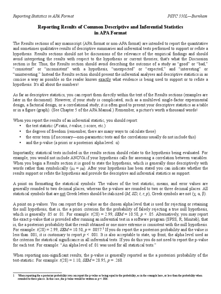 Reporting Statistics in APA Format PDF | PDF | Post Hoc Analysis | P Value