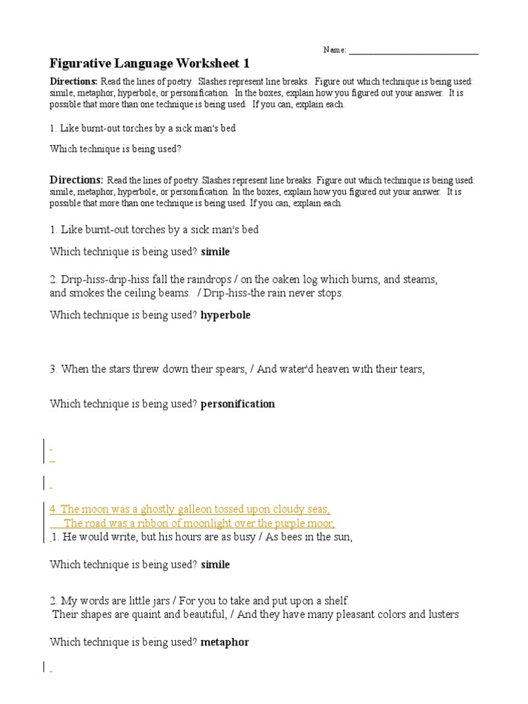 Figurative Language Worksheet 01 | PDF | Poetic Devices | Metaphor