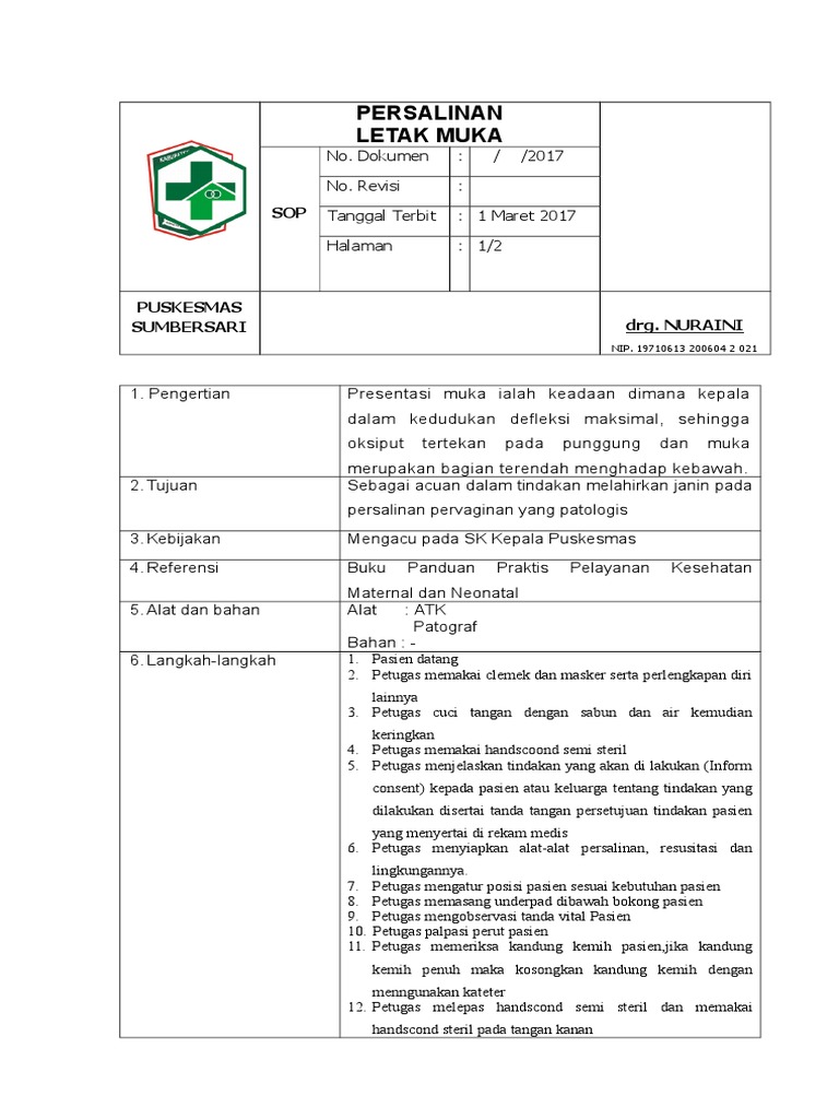SOP Persalinan Letak Muka Puskesmas | PDF | Sains & Matematika