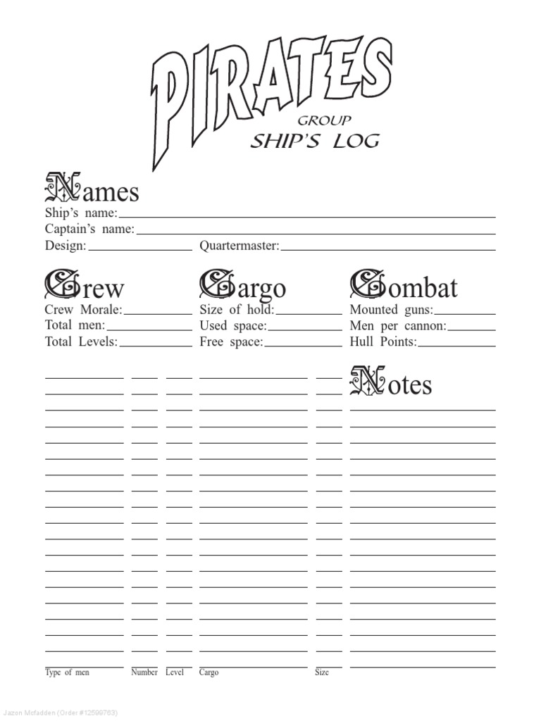 Pirates Character sheets and Captains log | Watercraft | Shipbuilding