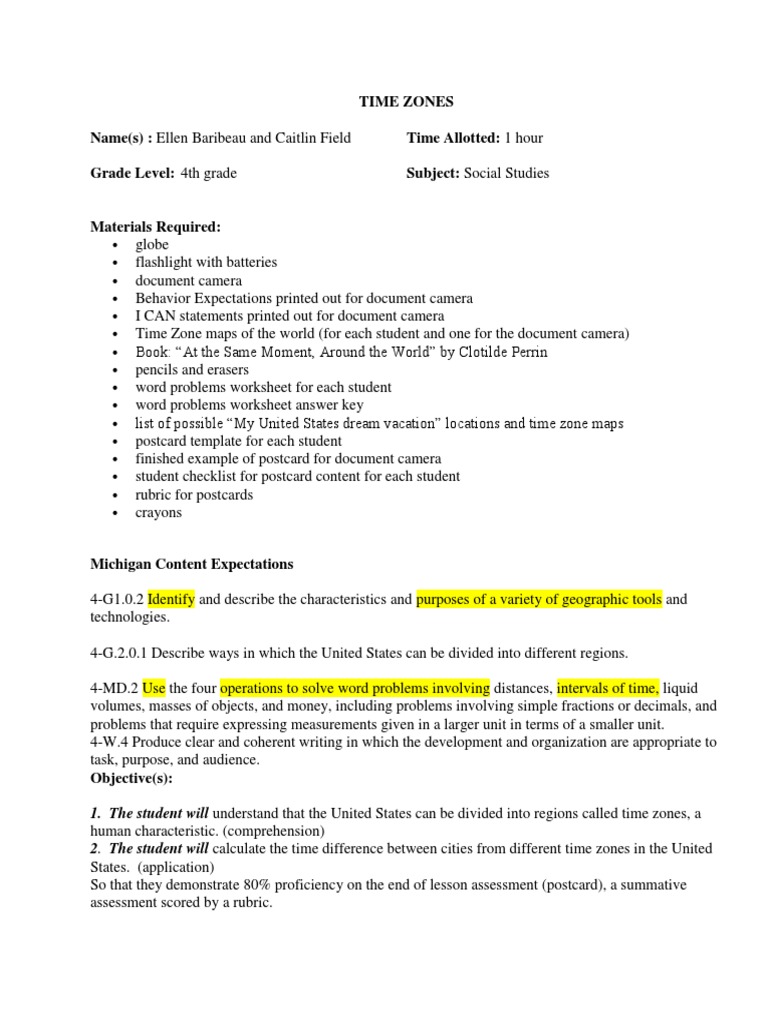 Time Zones Lesson Plan | PDF | Educational Assessment | Rubric (Academic)