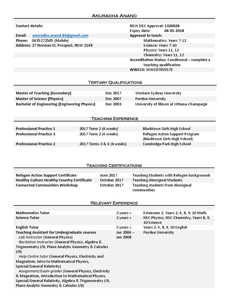 Anu Anand Teaching CV | PDF | Teachers | Educational Stages