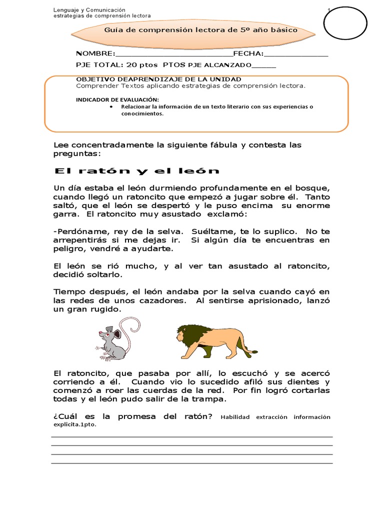 León y Ratón | PDF | Fábula | Comprensión lectora