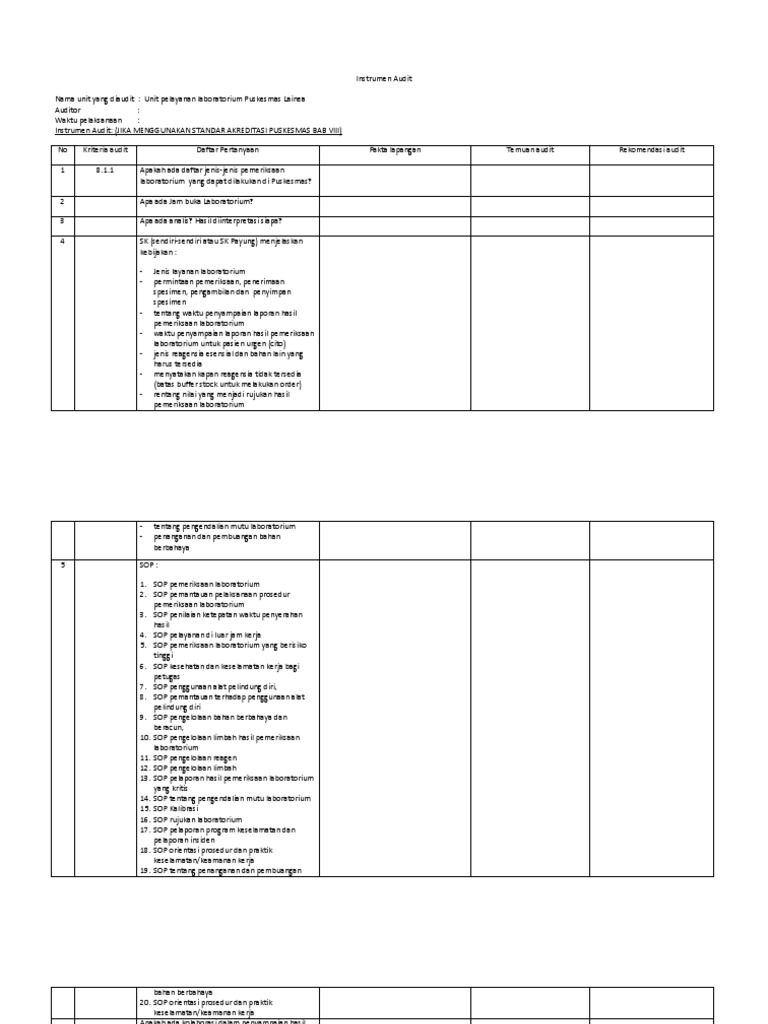 Instrumen Audit Laboratorium Puskesmas | PDF