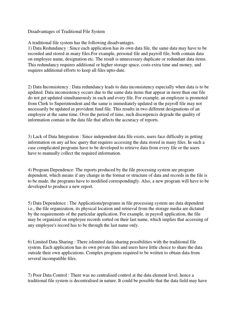 Disadvantages of Traditional File Systems and the Advantages of a Database Approach | PDF ...