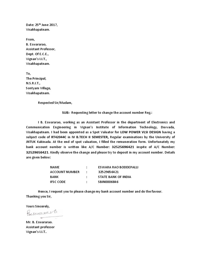 SUB:-Requesting Letter To Change The Account Number Reg. | PDF ...