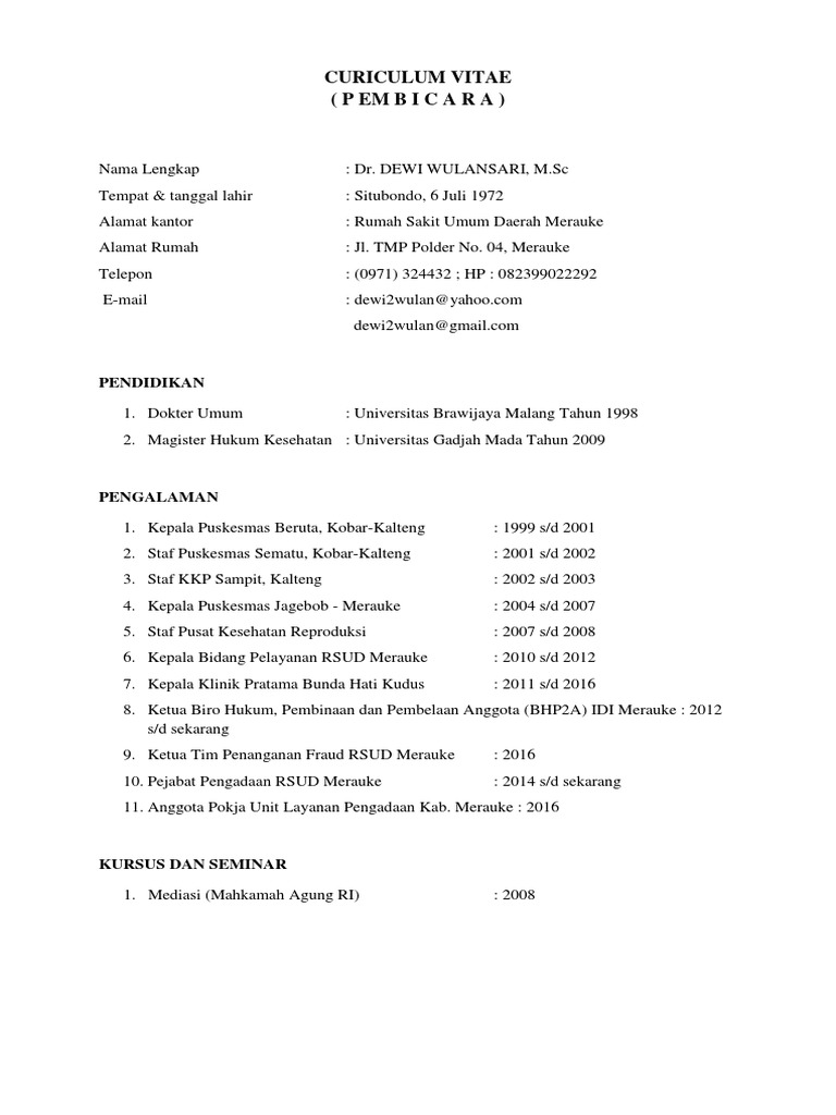 Curiculum Vitae Dr. Dewi | PDF | Pengembangan Diri
