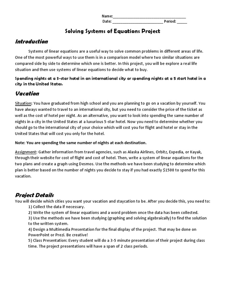 Vacation Cost Comparison Project | PDF | Equations | System Of Linear ...
