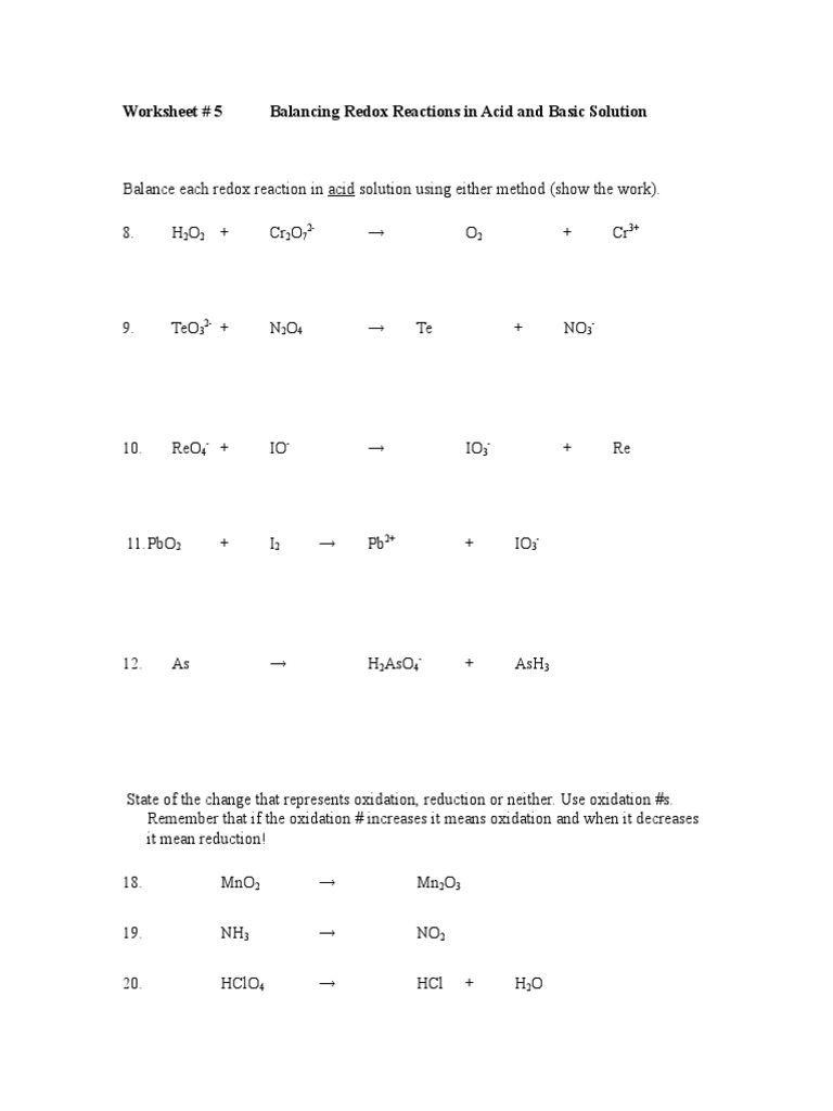 Balancing Redox Reactions Equations Practice With Answers | PDF | Redox ...