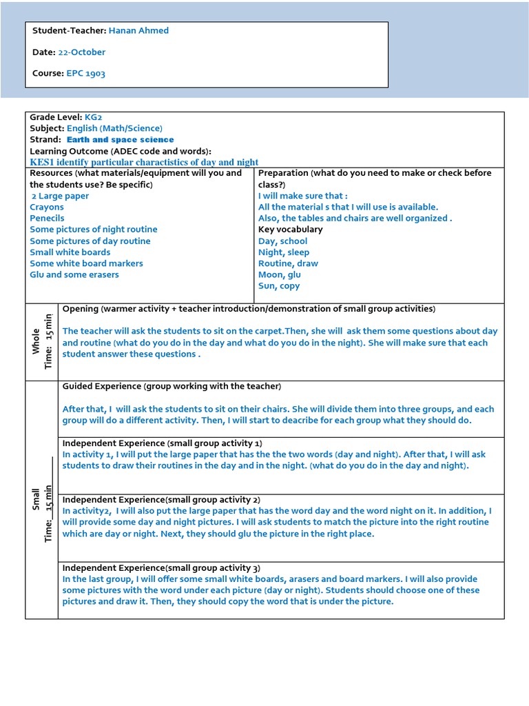 Lesson Plan kg2 | PDF | Education Theory | Quality Of Life