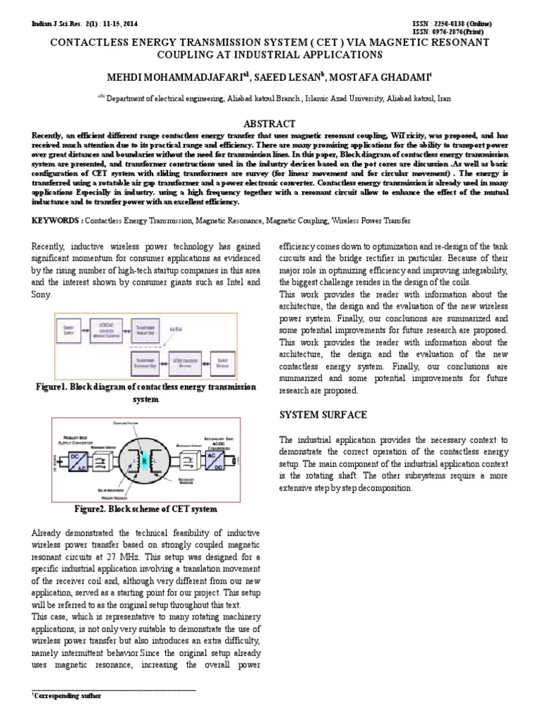 Contactless Energy Transmission System (Cet) Via Magnetic Resonant ...