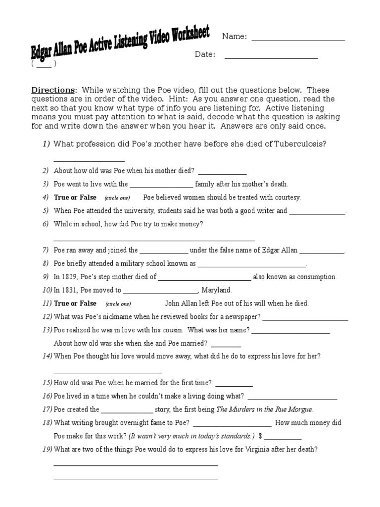 Directions: While Watching The Poe Video, Fill Out The Questions Below ...