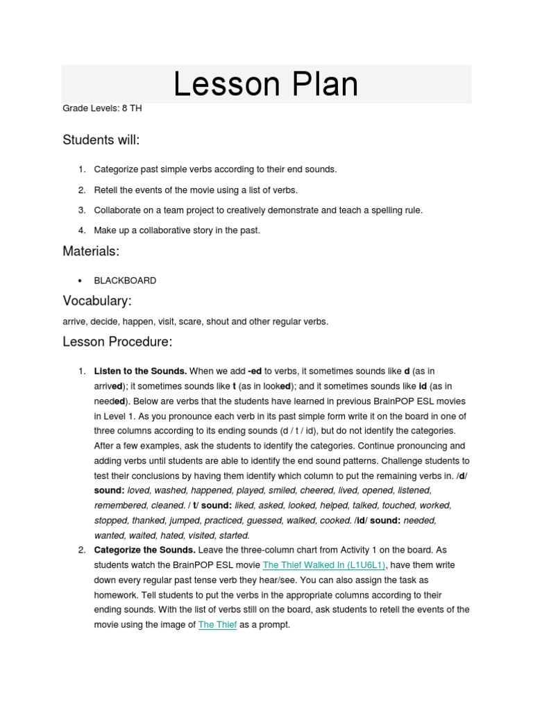 Past Simple Lesson Plan for Grade 8 | PDF | Syllable | Stress (Linguistics)