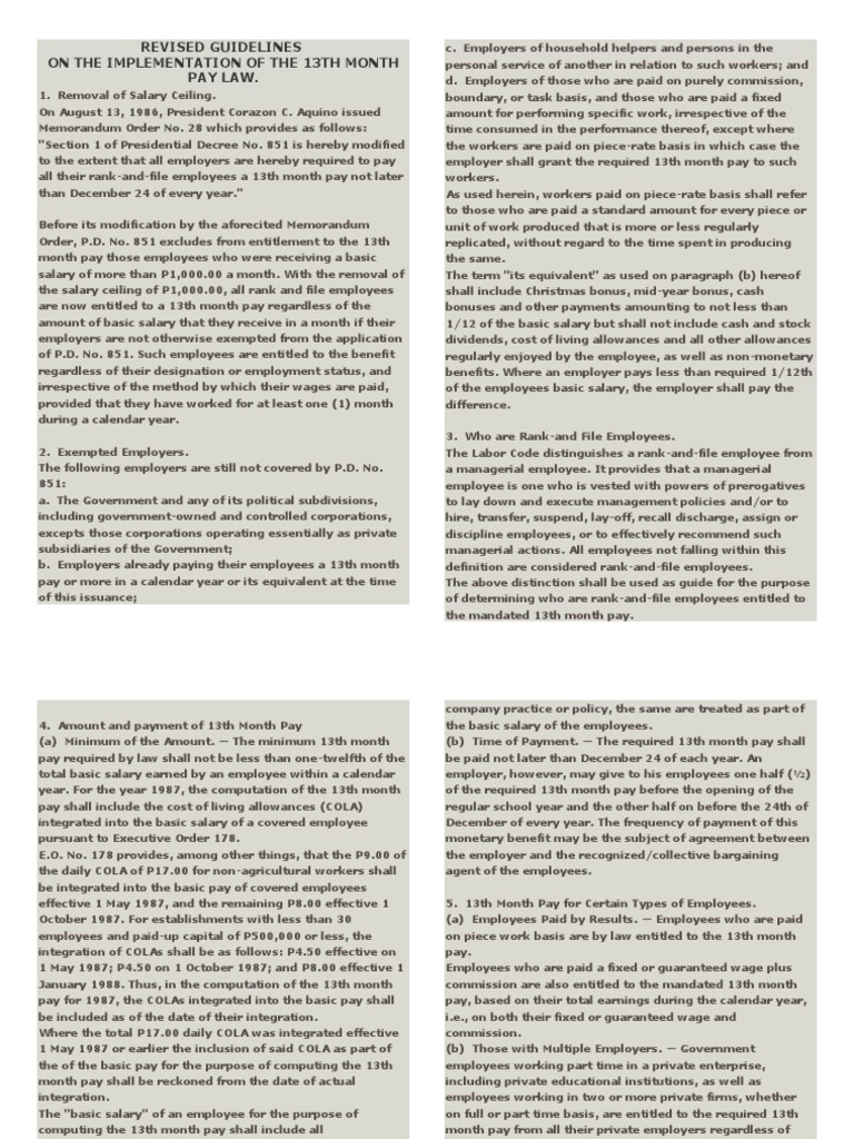 Revised Guidelines On The Implementation of 13th Month Pay Law ...
