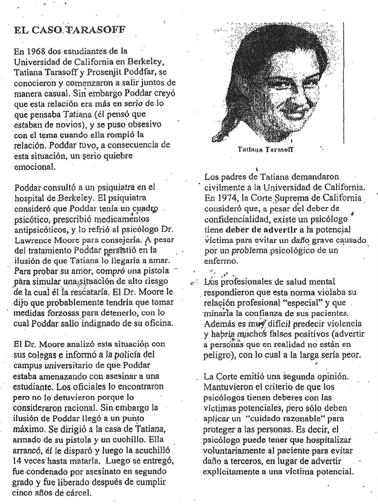 Caso Tarasoff y Confidencialidad | PDF | Bioética | Esquizofrenia