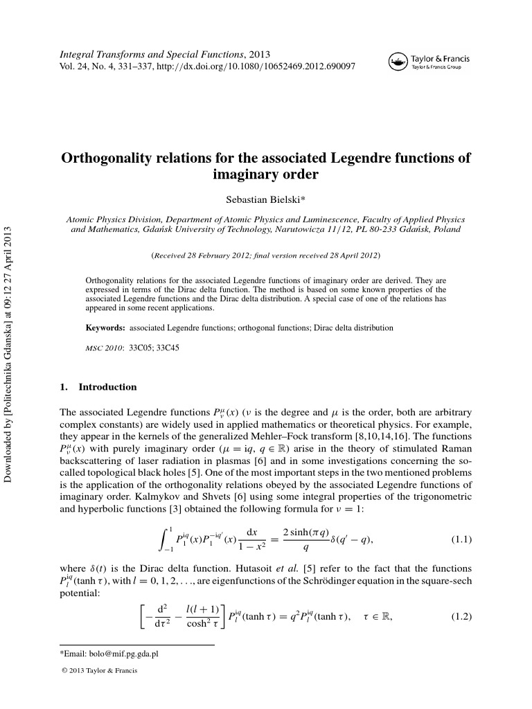 Orthogonality Relations For The Associated Legendre Functions of ...