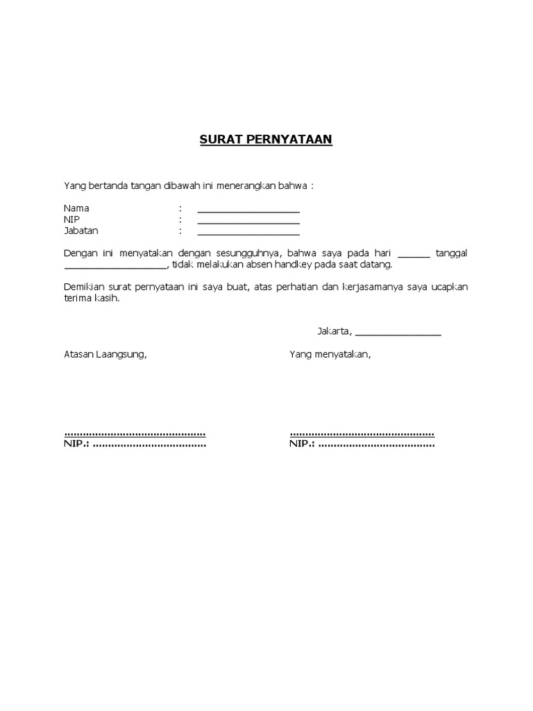 Contoh Surat Pernyataan Absen