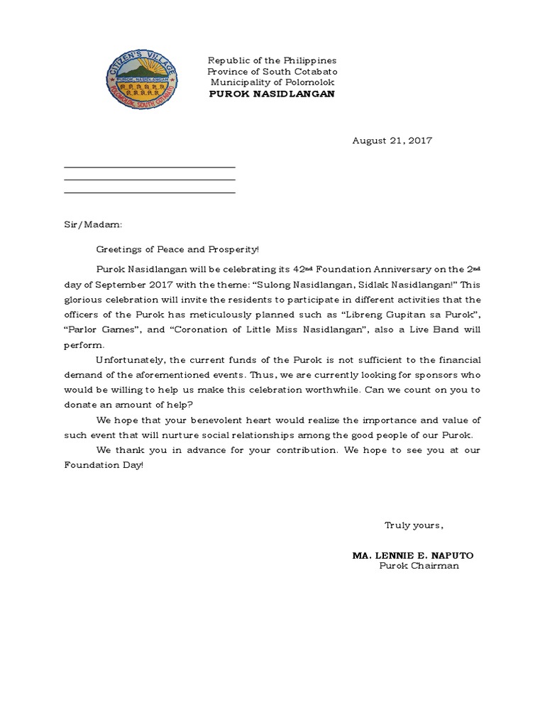 Solicitation Purok Nasidlangan Foundation | PDF
