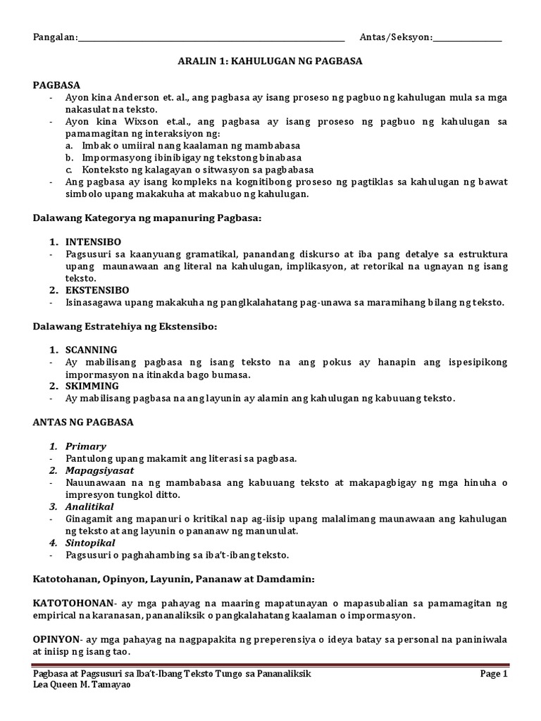 Aralin 1 - Pagbasa | PDF