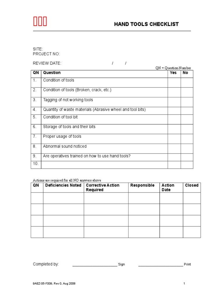 Hand Tools Checklist: QN Question Yes No | PDF