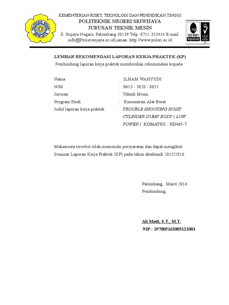 Lembar Rekomendasi Laporan Kerja Praktek | PDF