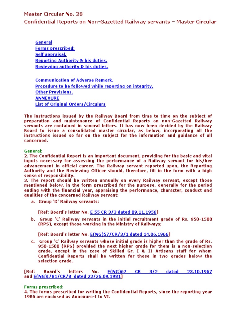 1386310276055-Master Circulars 28 (Confidential Reports of Non Gazetted Railway Servants) | PDF ...