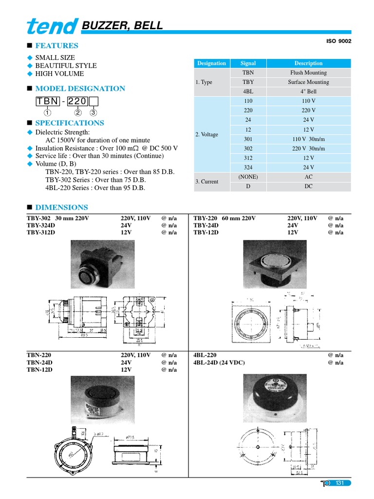 Buzzer Model Specifications: TBN-220, TBY-24D | PDF