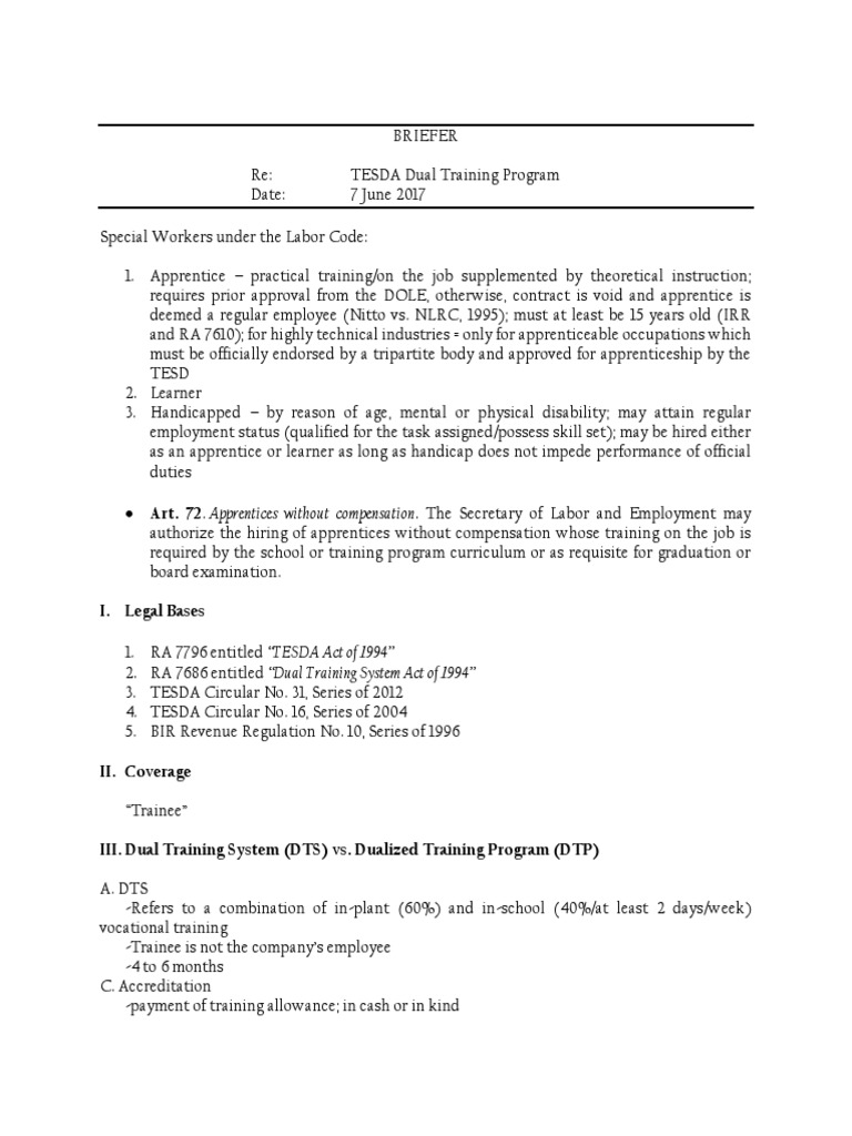 TESDA Dual Training Program | PDF | Apprenticeship | Employment